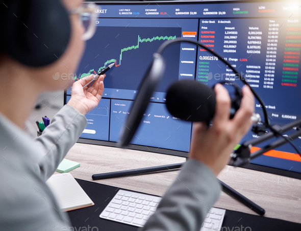 Stock market podcast, microphone and digital graph of investment growth ...