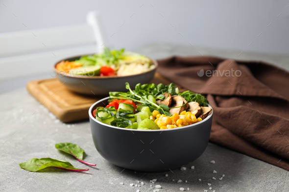 Bowls with tasty and nutritious food, delicious homemade lunch Stock ...
