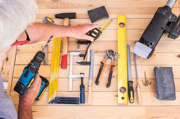 Above view of tools of the carpenter. Clean and order on the wooden ...