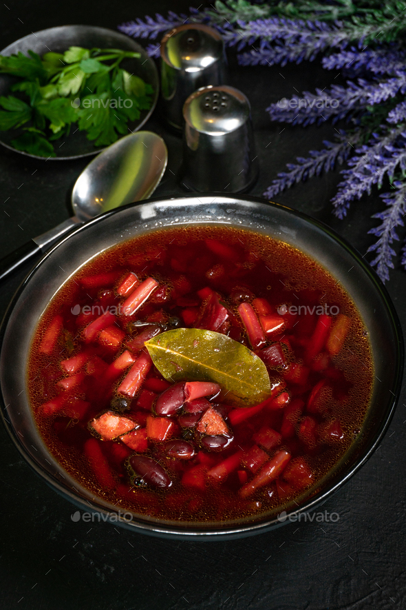 Traditional Ukrainian borscht with cream. Stock Photo by foto_pstryki