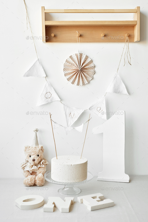 One year party decor. Happy birthday background. Cake smash Stock Photo ...