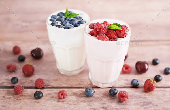 Yogurt cocktail and parfait. Healthy food and breakfast. Berry Milk ...