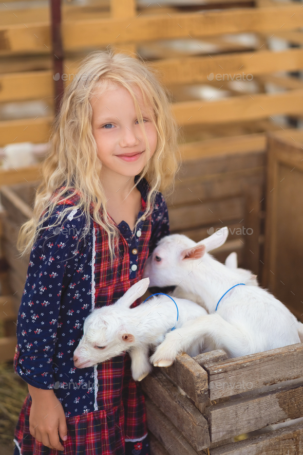smiling kid standing in barn with small goats Stock Photo by ...