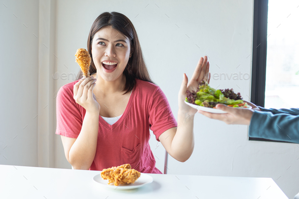 Dieting woman reject chicken fries, avoid unhealthy fried food and eat ...