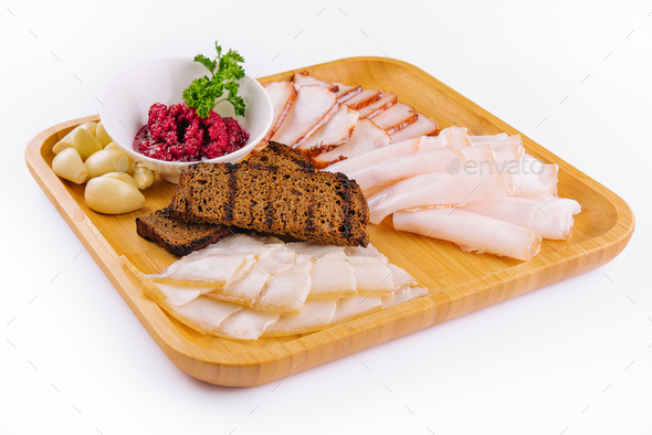 different types of lard with garlic, croutons and horseradish Stock ...