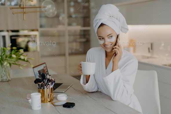 woman undergoes beauty procedures after morning shower wears hydrogel ...