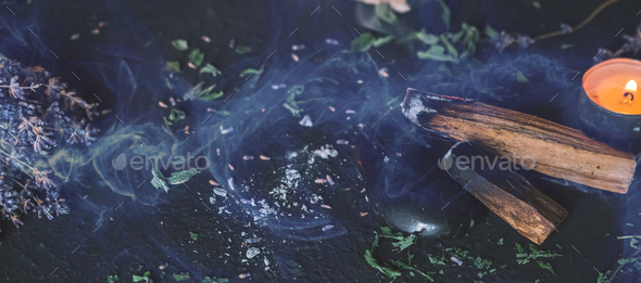 Esoteric, Occult mystical ritual scene of sorcery tarot candles, dried ...