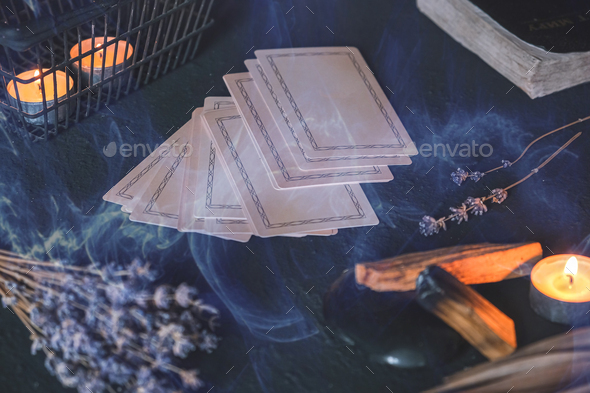 Esoteric, Occult mystical ritual scene of sorcery tarot candles, dried ...