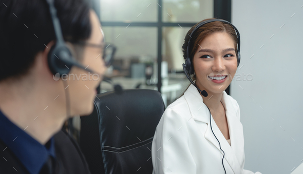 call center agent team, customer service support wearing headset or ...