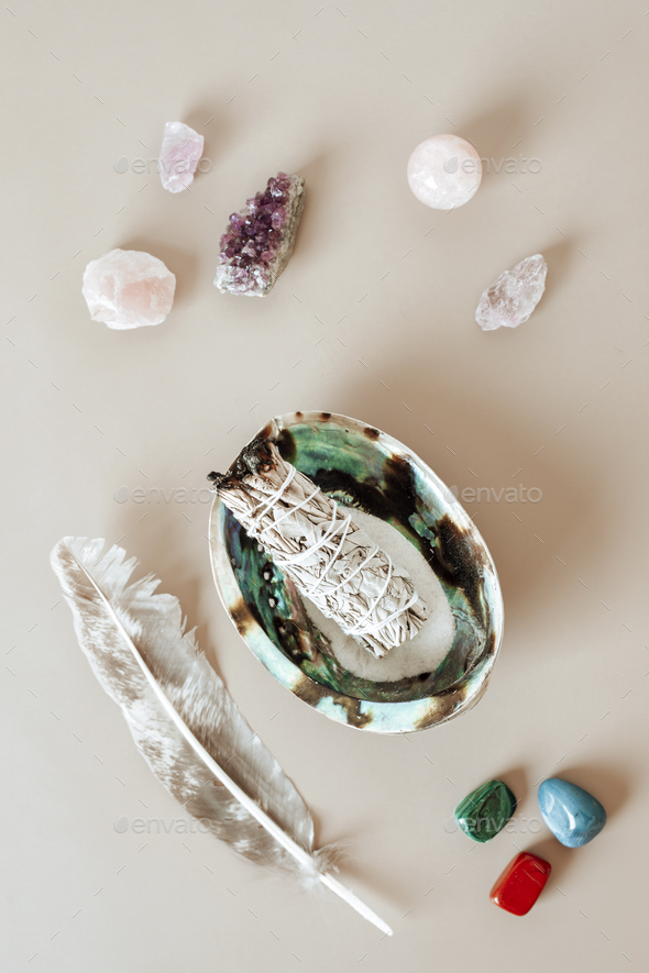 Smudge kit with white sage stick, abalone sea shell. Natural elements ...