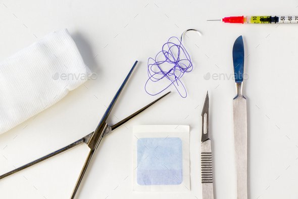 Top view of a stainless dissection kit on a white background Stock ...