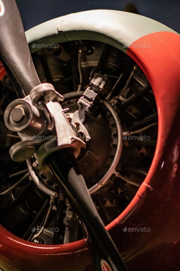 Vertical closeup of airplane propeller engine of WWII era fighter plane ...