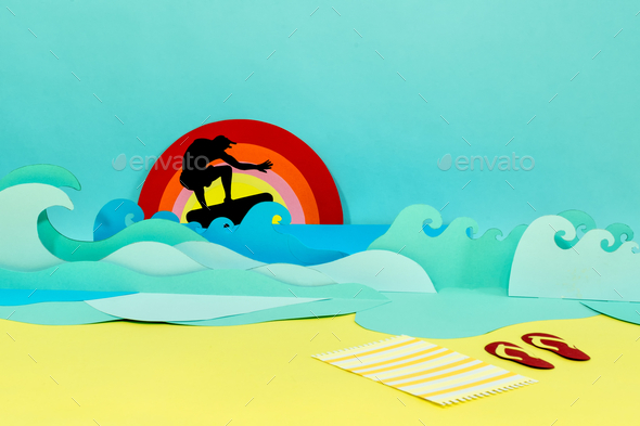 Creative paper craft of a surfer on the waves and a sandy beach Stock ...