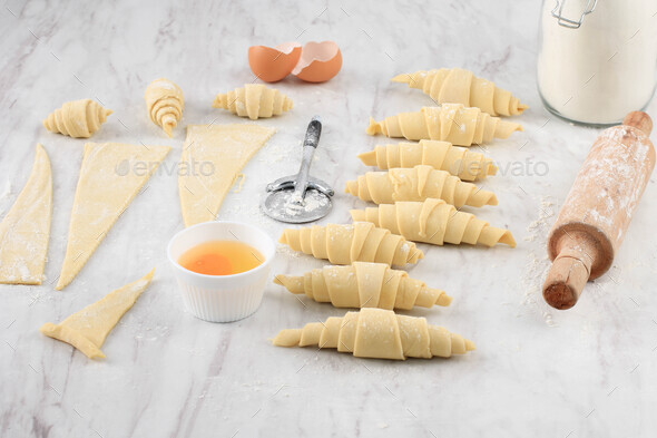 Process Making Homemade Croissant, Various Size Croissant Above White ...