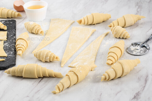 Process Making Homemade Croissant, Various Size Croissant Above White ...