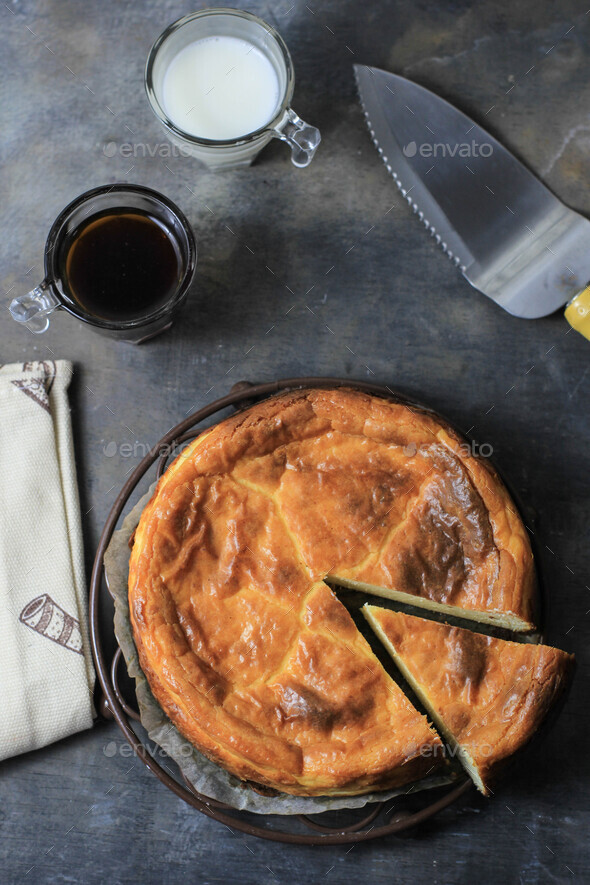 Basque Burnt Cheese Cake on Black Background, Viral Cheese Cake Stock ...