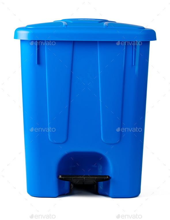 Blue plastic waste bin isolated on white Stock Photo by FabrikaPhoto