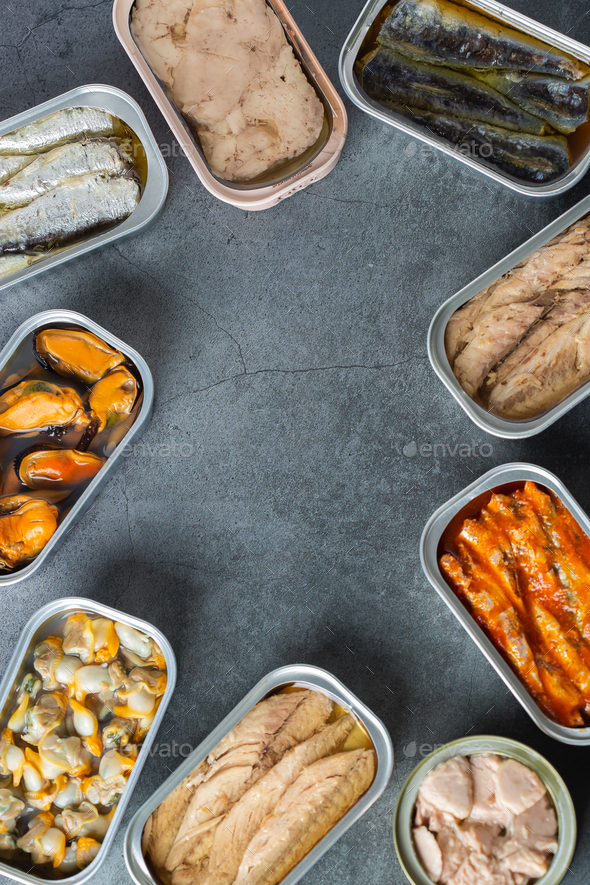 Assortment of Tinned fish, canned food ready for date night Stock Photo ...