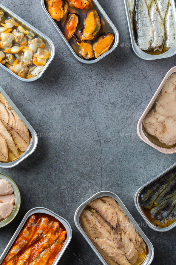 Assortment of Tinned fish, canned food ready for date night Stock Photo ...