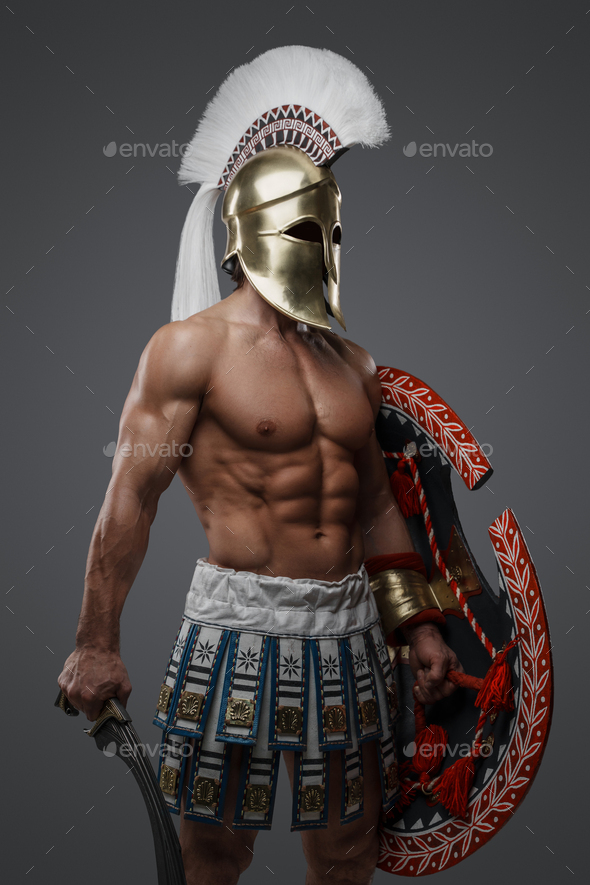 Greek swordsman from past with shield and plumed helmet Stock Photo by ...