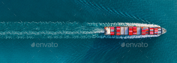 banner,Top view of cargo container ship carrying container and running ...