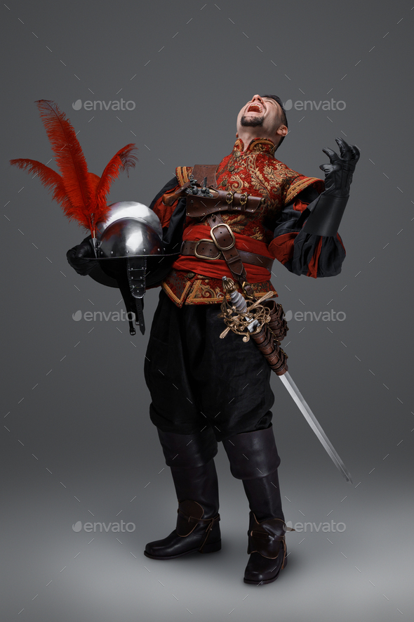 Screaming conquistador with sword and plumed helmet Stock Photo by fxquadro