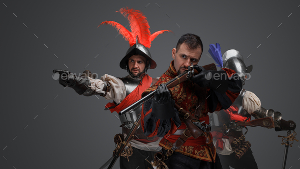 Brave conquistador squad armed with sword and flintlock rifle Stock ...