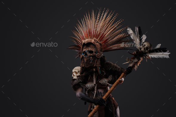 Antique aztec shaman with staff dressed in ceremonial attire Stock ...