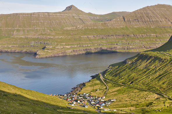 Traditional faroese village of funningur surrounded by fjord. Faroe ...