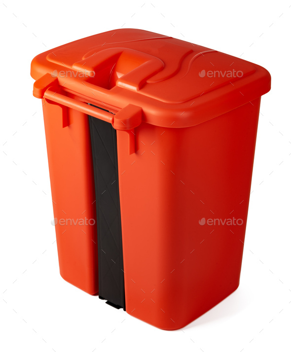 Orange plastic waste bin isolated on white Stock Photo by FabrikaPhoto