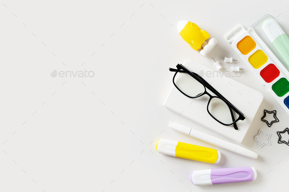 Back to school theme with white schools tools on white background Stock ...