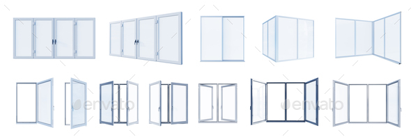 Windows collection isolated on white background. Set of open and closed ...