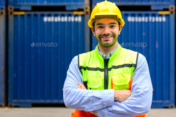 Warehouse engineer worker checking and working at industrial container ...