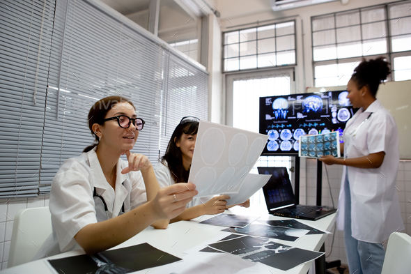 group of medical student study in class room. medical students studying ...