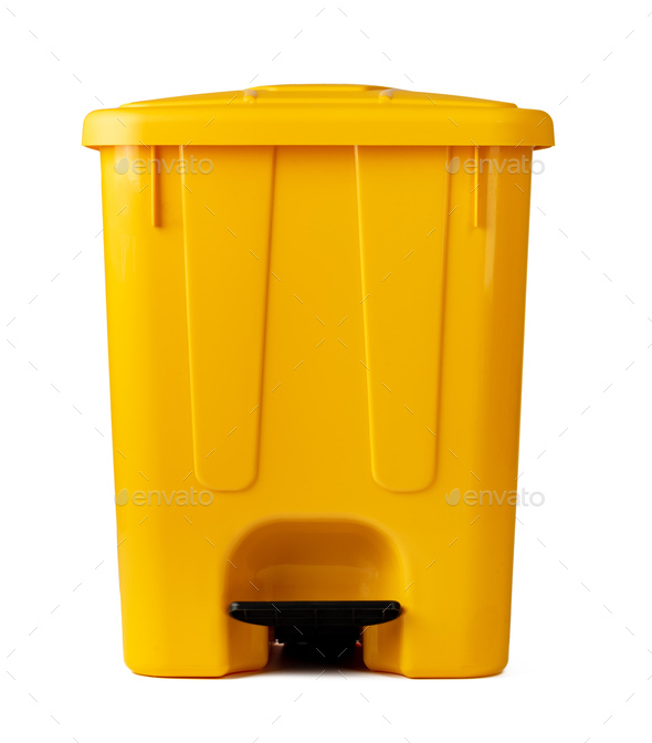 Yellow plastic waste bin isolated on white Stock Photo by FabrikaPhoto