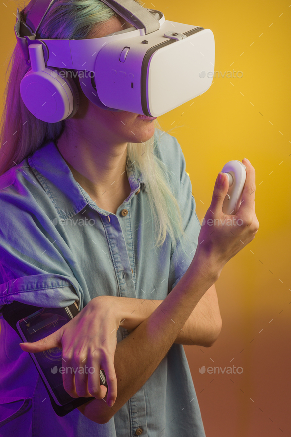 Metaverse virtual reality. woman and technology. futuristic cyberpunk ...