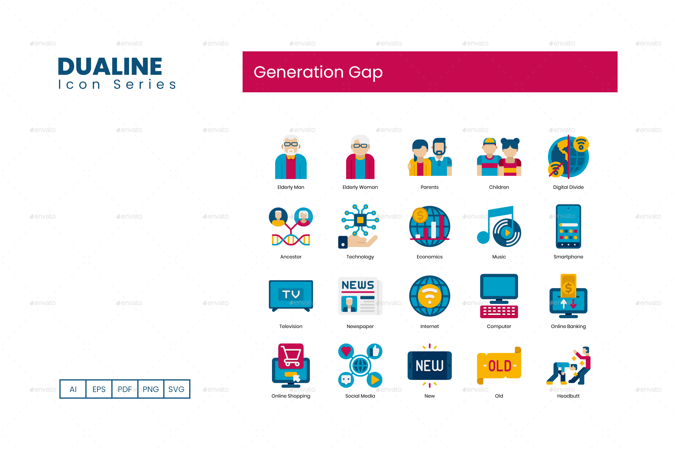 70 Generation Gap Icons | Dualine Flat Series, Icons | GraphicRiver