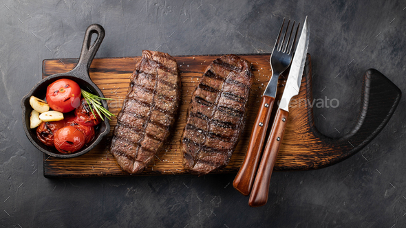 Closeup ready to eat steak Top Blade beef breeds of black Angus with ...