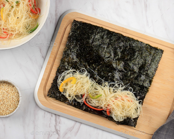 Top View Ingredients Making Gimmari or Kimmari, Laver (Nori Seaweed ...