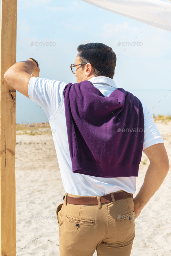 back view of man looking away on sandy beach Stock Photo by ...