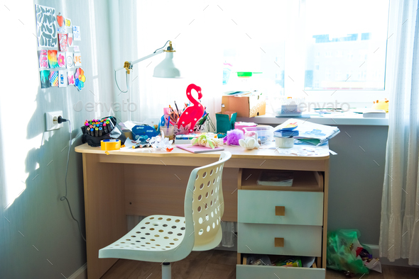 Mess, disorder and interior concept - view of messy home children room ...