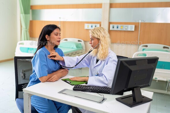 A doctor discus with patient on healthy problem and use stethoscope ...