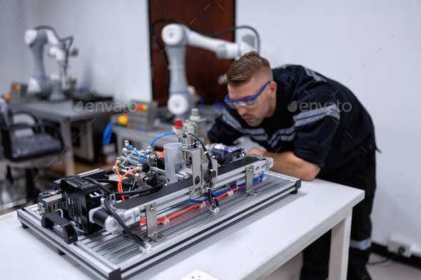 Engineer sitting in robot fabrication room quality checking electronic ...