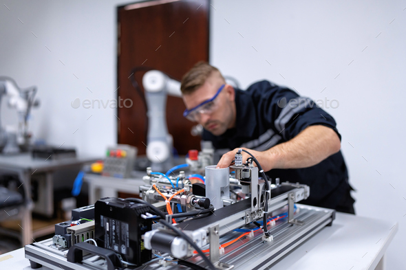 Engineer sitting in robot fabrication room quality checking electronic ...
