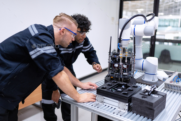 Engineer sitting in robot fabrication room quality checking robot arm ...