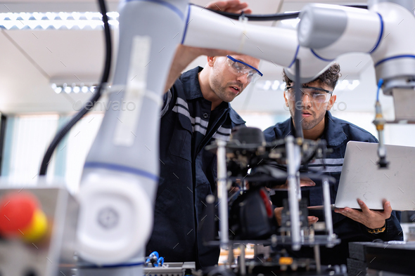 Engineer sitting in robot fabrication room quality checking robot arm ...