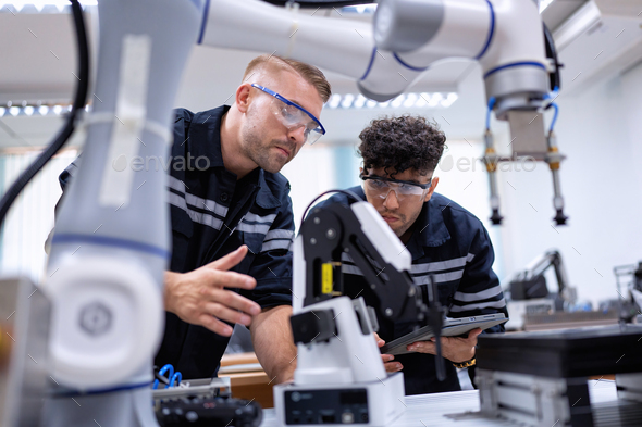 Engineer sitting in robot fabrication room quality checking robot arm ...
