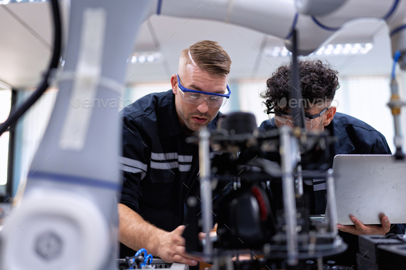 Engineer sitting in robot fabrication room quality checking robot arm ...