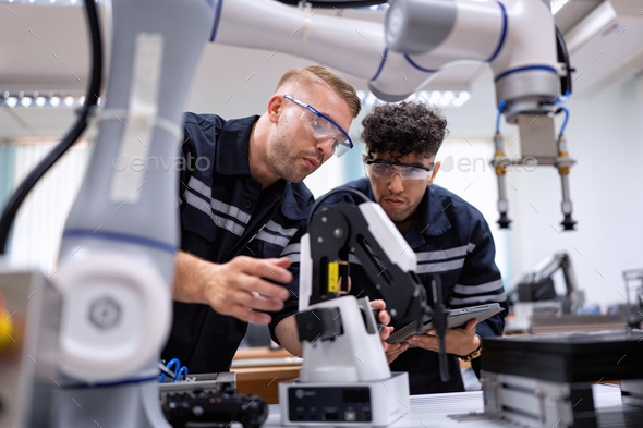 Engineer sitting in robot fabrication room quality checking robot arm ...