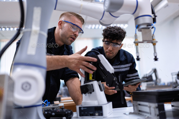 Engineer sitting in robot fabrication room quality checking robot arm ...